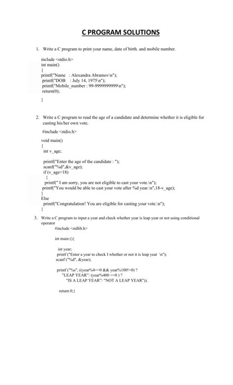 C Program Solutions Basic Programming Examples