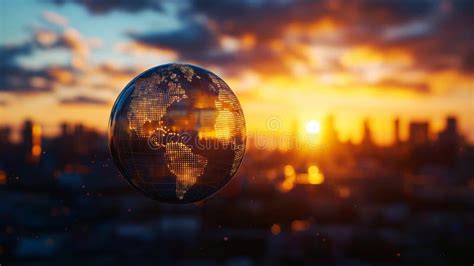 Giant Glass Sphere With World Map Floats Above City Skyline At Sunset