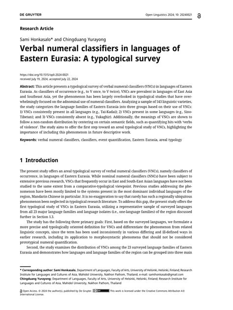 Pdf Verbal Numeral Classifiers In Languages Of Eastern Eurasia A