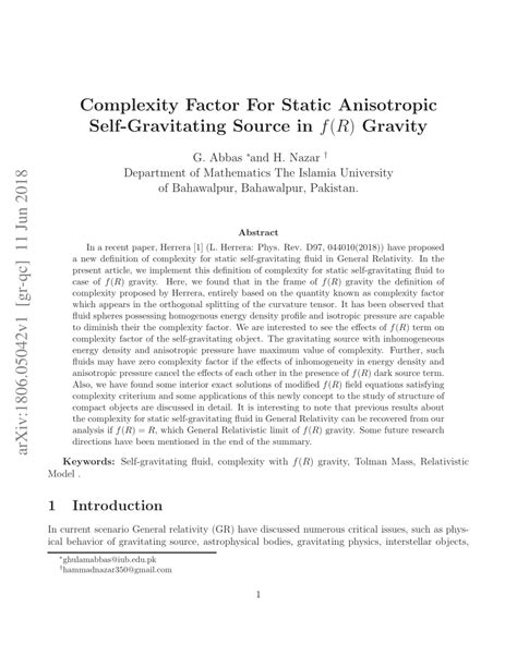 Pdf Complexity Factor For Static Anisotropic Self Gravitating Source