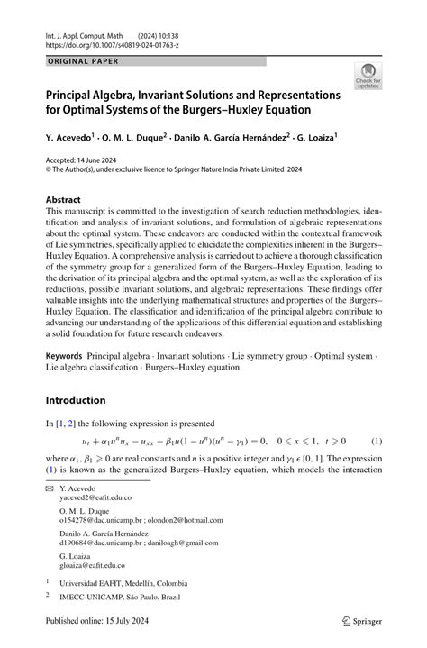 Pdf Principal Algebra Invariant Solutions And Representations For Optimal Systems Of The