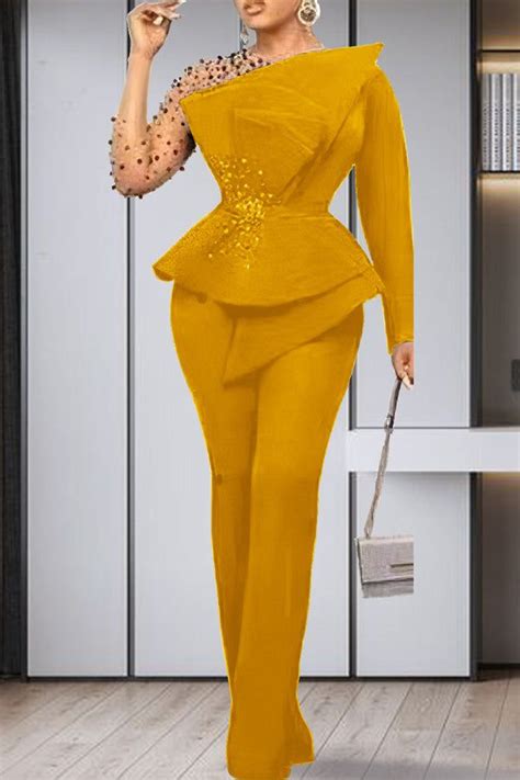 Elegant Mesh Long Sleeve Stitching Beaded A Line Top Slim Pant Suits