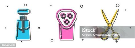 세트 크림 또는 로션 화장품 튜브 전기 헤어 클리퍼 또는 면도기와 가위 미용사 아이콘 벡터 가위에 대한 스톡 벡터 아트 및 기타 이미지 Istock