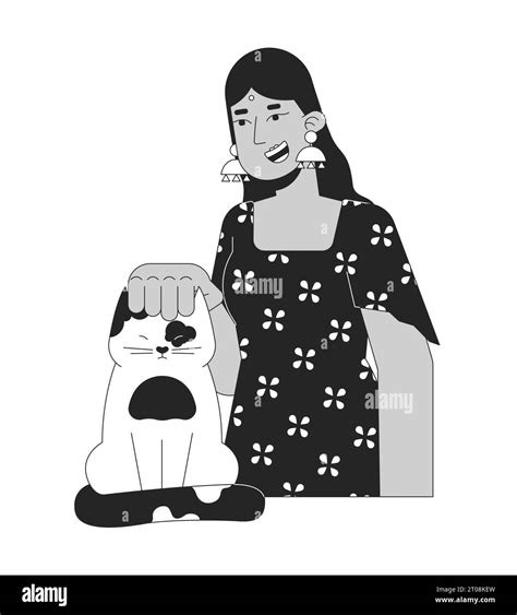 Smiling Hindu Woman Stroking Cat Black And White 2d Line Cartoon Character Stock Vector Image