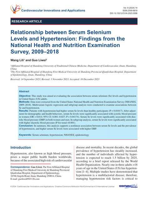 Pdf Relationship Between Serum Selenium Levels And Hypertension Findings From The National