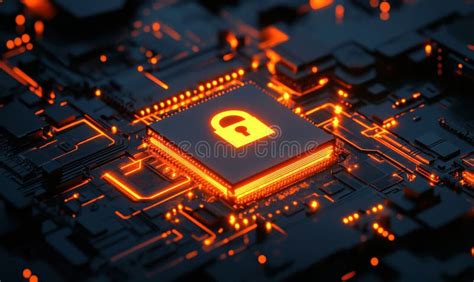 Cybersecurity Technology Concept Glowing Lock Symbol Microchip Stock