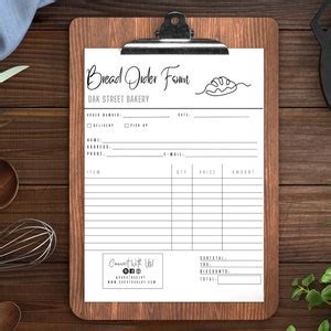 Sourdough Order Form Bread Bakery Order Sheet Printable Template