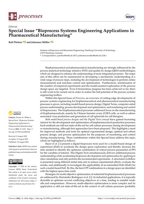 Pdf Special Issue “bioprocess Systems Engineering Applications In