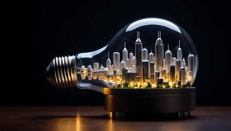 Tiny City Inside A Light Bulb With A Night Background Stock Illustration Illustration Of