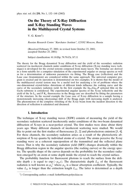 Pdf On The Theory Of X Ray Diffraction And X Ray Standing Waves In