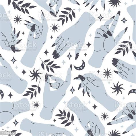 매직 핸즈 완벽 한 패턴입니다 긴 손톱을 가진 보호 여성 손 나뭇잎이 있는 신비로운 손바닥 낙서 달과 별 트렌디 한 문신 스타일 난해한 평면 벡터 배경 그림 달 하늘에 대한