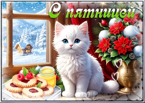 Нежная гиф открытка с белой кошечкой С пятницей Скачать бесплатно на