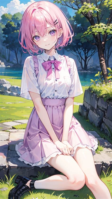 분홍색 머리카락，보라색 눈，짧은 머리，자매 머리，검은 머리핀，소녀，귀여운，웃고 행복한 표정，흰색 셔츠，치마， 바닥에 앉아서 놀아요 Seaart Ai