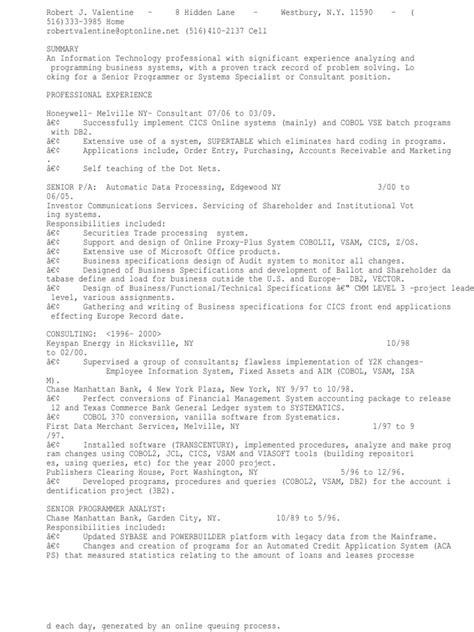 Resume Of Robert Valentine Cobol Programmer Pdf Ibm Db2 Programmer