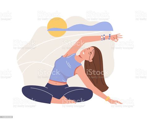 요가를하는 소녀 요가 연꽃에 앉아있는 젊은 여성이 포즈를 취합니다 명상 벡터 일러스트 레이 션 건강한 생활방식에 대한 스톡 벡터