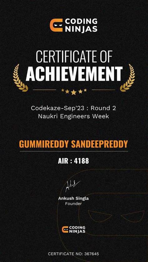 Codingninjas Achievement Gummireddy Venkata Sandeep Reddy