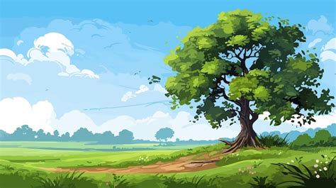 리 서머 필드 및 트리 만화 터 일러스트레이션 프리미엄 Ai 생성 벡터