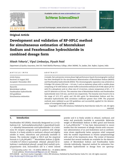Pdf Development And Validation Of Rp Hplc Method For Simultaneous Estimation Of Montelukast