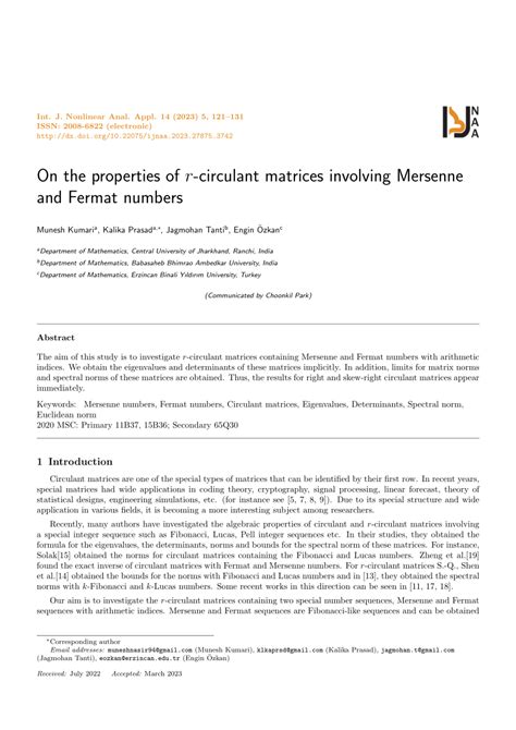 Pdf On The Properties Of R Circulant Matrices Involving Mersenne And Fermat Numbers
