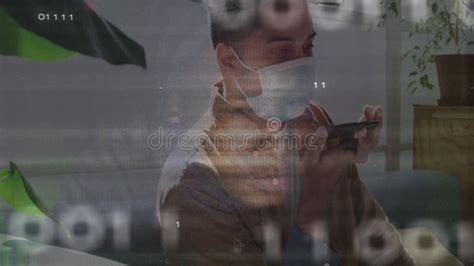 Using Smartphone With Digital Binary Code Overlay Man Wearing Mask