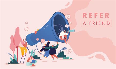 컴퓨터와 확성기가있는 남성과 여성 친구 개념을 참조하기위한 사람들 문자 세트 추천 마케팅 충성도 프로그램 랜딩 페이지 템플릿 Ui 웹 포스터 홍보 방법