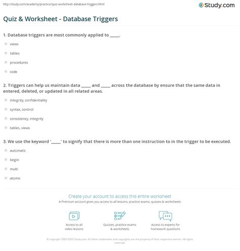 quiz and worksheet database triggers