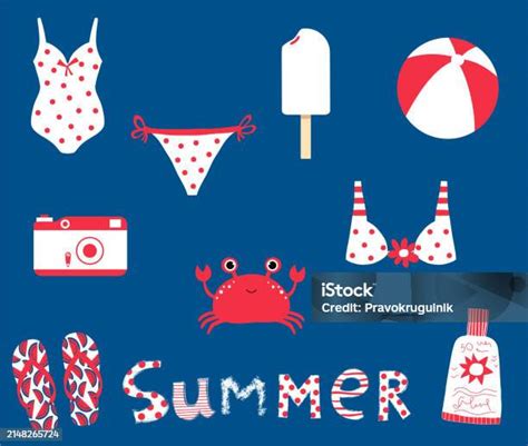 파란색 배경에 빨간색과 흰색 색상의 해변 바다 및 여행 그래픽 디자인에 대 한 벡터 요소와 귀여운 여름 세트 개인 장식품에 대한 스톡 벡터 아트 및 기타 이미지 Istock