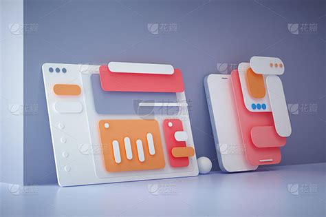 3d应用开发和ui Ux设计概念，网页设计布局界面。3 D渲染图