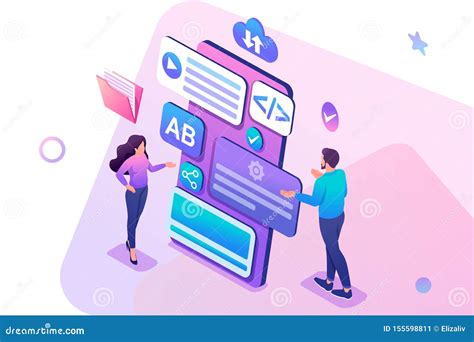 Isometric Concept Young Girl And Boy Develop Mobile Application For