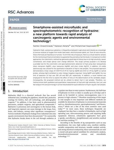 Pdf Smartphone Assisted Microfluidic And Spectrophotometric Recognition Of Hydrazine A New
