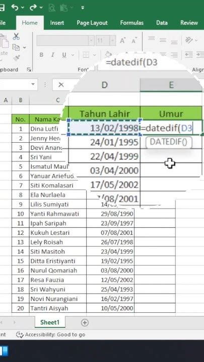 Cara Menghitung Usia Di Excel Belajarexcel Exceltips Exceltutorial Youtube