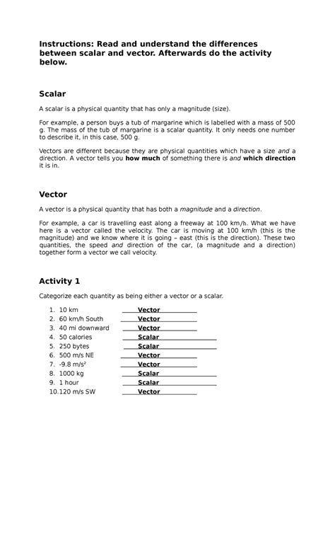 Genphysics Activity Scalar And Vector Instructions Read And Understand The Differences