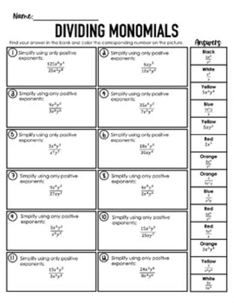 Dividing Monomials Color By Number Activity By Newtons Solutions