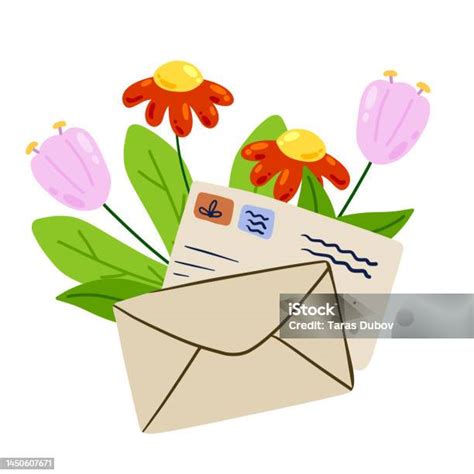 녹색 식물이있는 공예 종이에 편지가있는 봉투 인사말 및 서신 메일이있는 수제 시트 우편 초대장 만화 일러스트 레이 션 0명에 대한 스톡 벡터 아트 및 기타 이미지 Istock