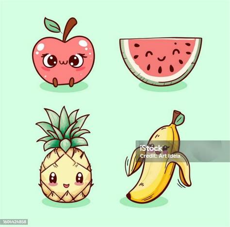 벡터 여름 음식 세트입니다 만화 스타일 그리기 바나나 사과 수박 파인애플 귀여운에 대한 스톡 벡터 아트 및 기타 이미지