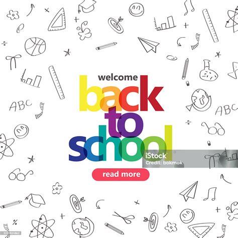 흰색 배경에 대담하고 다채로운 텍스트와 낙서 스타일의 학교 요소가 있는 장난기 넘치는 신학기 포스터는 배너나 헤더에 적합합니다 교실에 대한 스톡 벡터 아트 및 기타 이미지