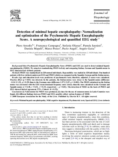 Pdf Detection Of Minimal Hepatic Encephalopathy Normalization And Optimization Of The