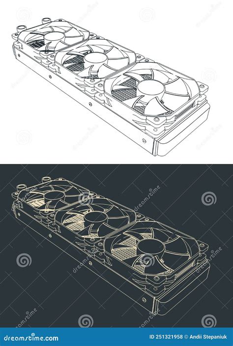 computer liquid cooling system isometric blueprints vector illustration