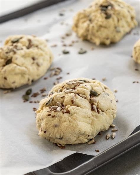 Raw Ready To Bake Bread Buns Homemade With Seeds Healthy Closeup Stock