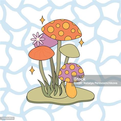 다양한 마법의 환각 성 버섯 판타지 귀여운 요소 풀밭에 복고풍 만화 버섯 추상적인 현대적인 디자인 히피 스타일 격리된 배경에 벡터 플랫 일러스트레이션입니다 강렬하고 밝은
