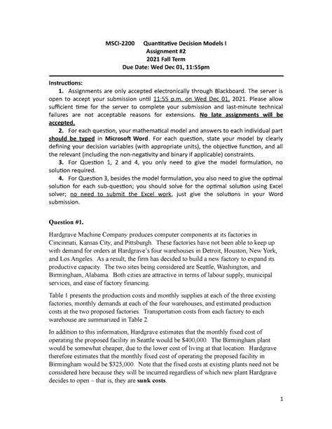 Assignment 2 Business Data Analysis Msci 2200 Quantitative Decision Models I Assignment