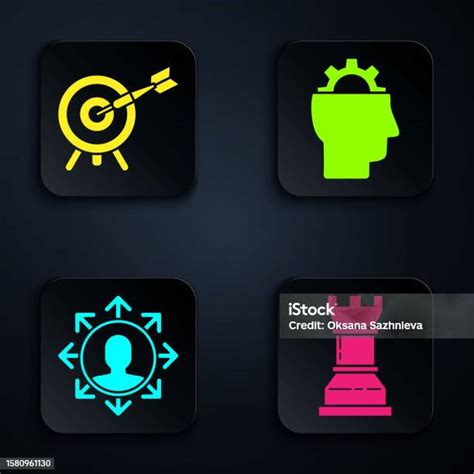 비즈니스 전략 화살표로 목표 프로젝트 팀 기반 및 장비가 포함된 인간을 설정합니다 검은색 사각형 버튼입니다 벡터 아이콘에 대한 스톡 벡터 아트 및 기타 이미지 Istock