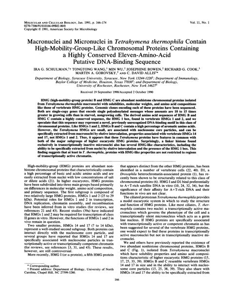 Pdf Macronuclei And Micronuclei In Tetrahymena Thermophila Contain High Mobility Group Like