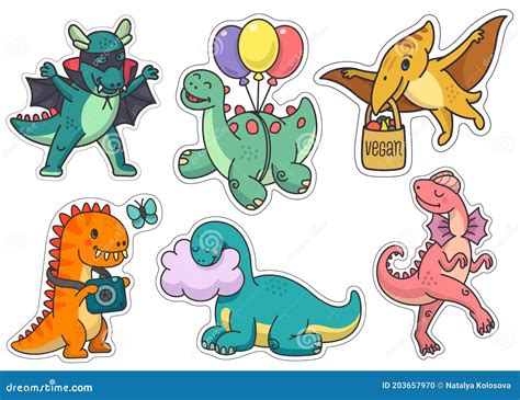 Conjunto De Stickers Lindos Dinosaurios De Diferentes Tipos Ilustración