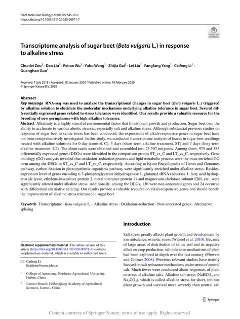 Transcriptome Analysis Of Sugar Beet Beta Vulgaris L In Response To