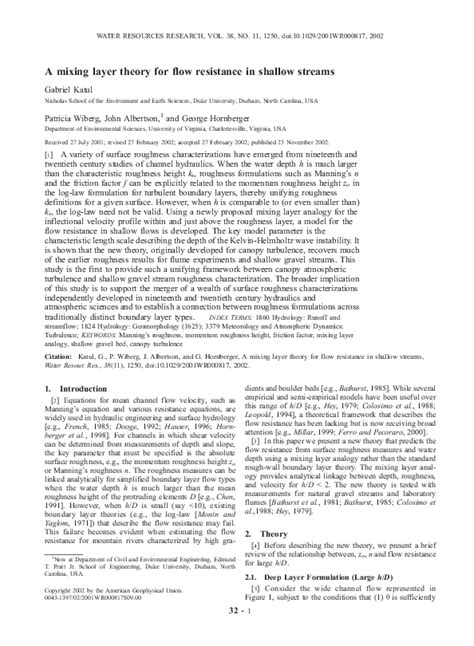 pdf a mixing layer theory for flow resistance in shallow streams