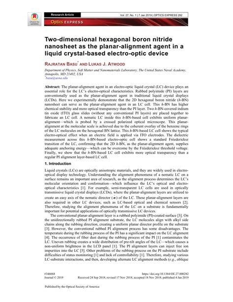 Pdf Two Dimensional Hexagonal Boron Nitride Nanosheet As The Planar Alignment Agent In A