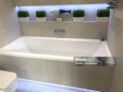 흰색 욕조 조명 현대 대형 베이지 색 직사각형 돌 타일 크롬 사다리 수건 라디에이터 화장실 벽 숨겨진 숨겨진 조명 나무 물고기 해변 테마 인공 잔디 식물과 현대 흰색 고급