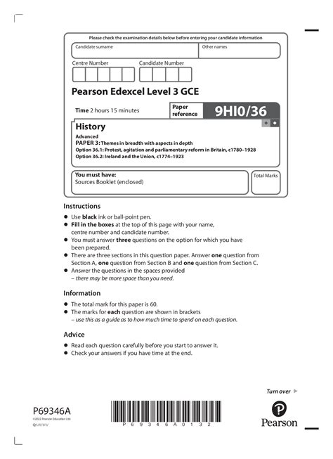 Pearson Edexcel A Level GCE HI History Advanced PAPER Themes In Breadth With Aspects