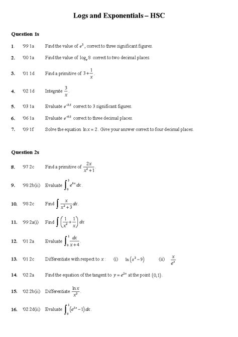 10 Logs And Exponentials Hsc Questions Logs And Exponentials Hsc Question 1s 99 1a